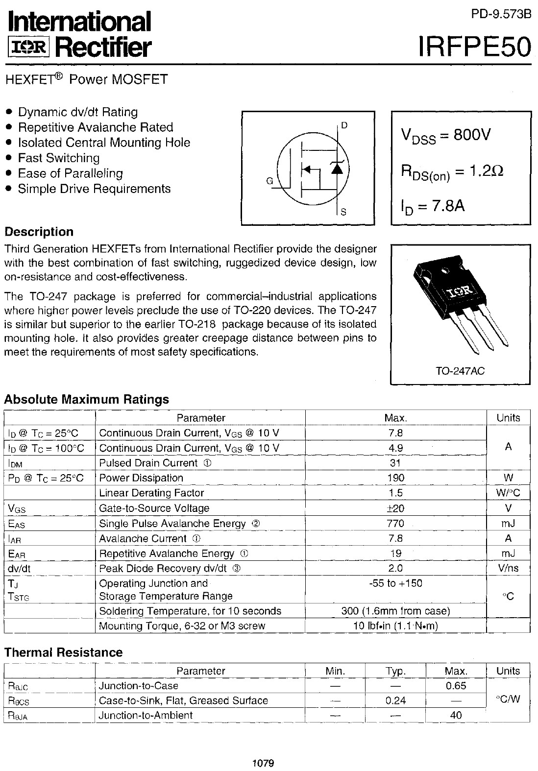 N-MOS 800V 7.8A/31Ap 190W 1.2R (4.7A) IRFPE50