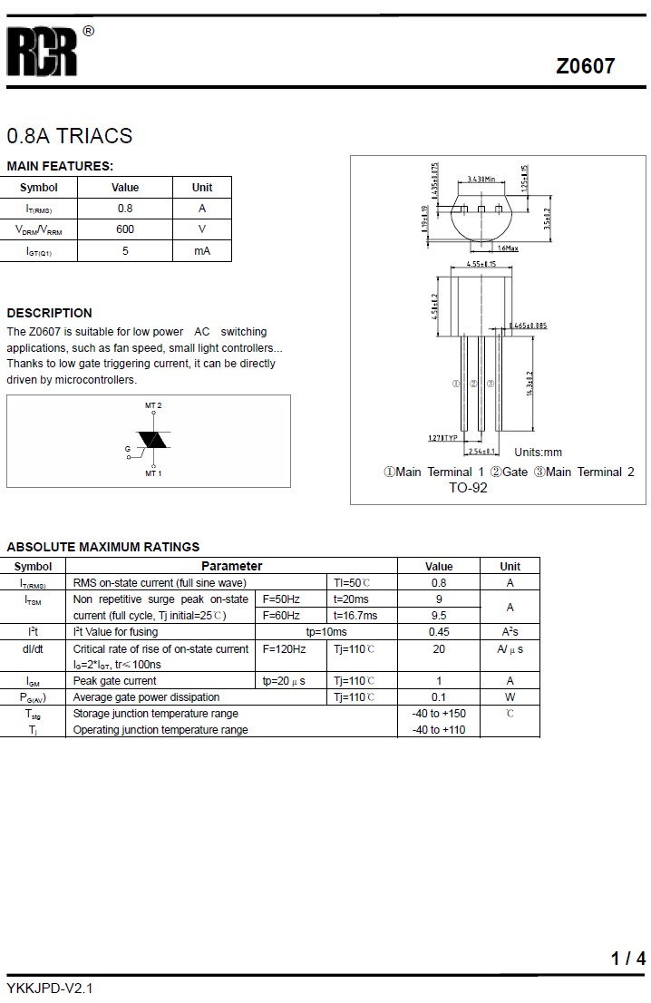 Z0607 triak 600V 0.8A Igt/Ih