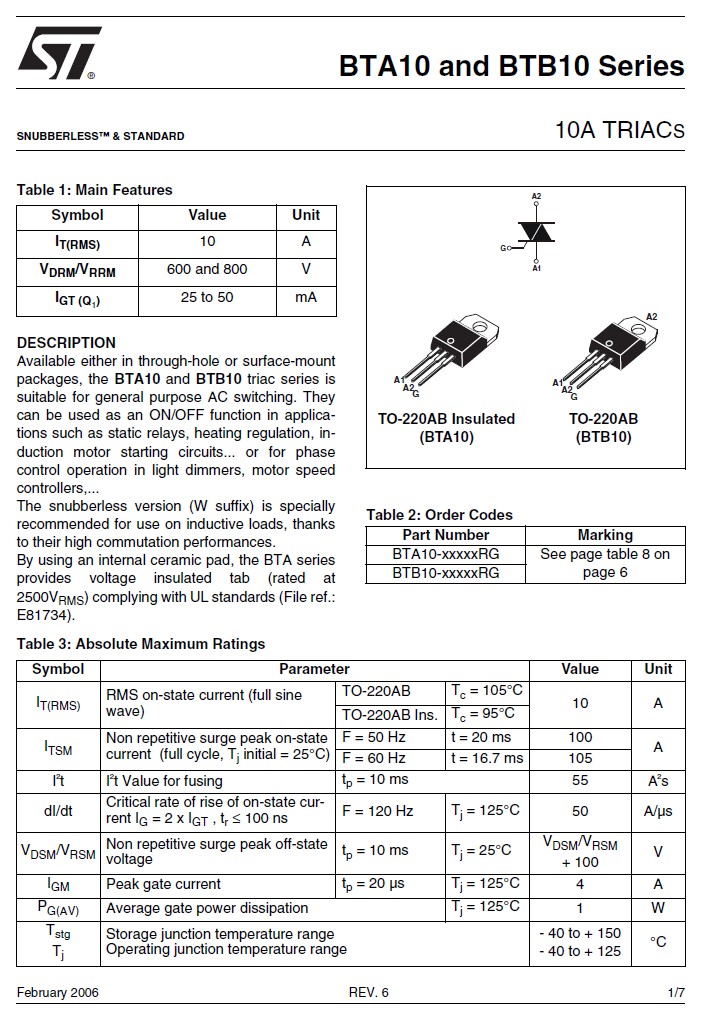 TRIAC 600V 10A Igt/Ih 50/50mA BTB10-600BW