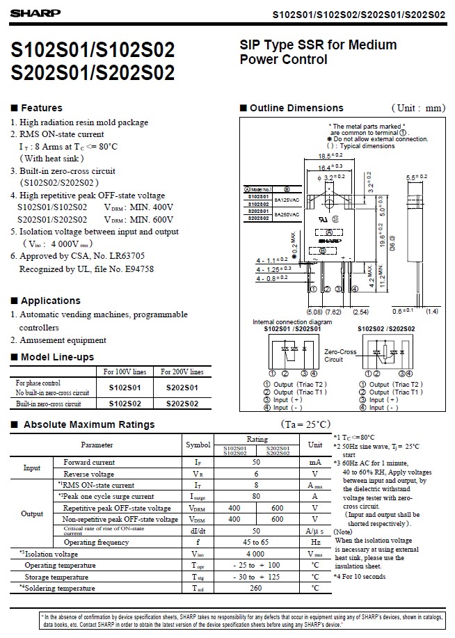 SSR 1x600VAC 8A 1.4VDC SIP-4p. 4KV RELAY-S202S02F