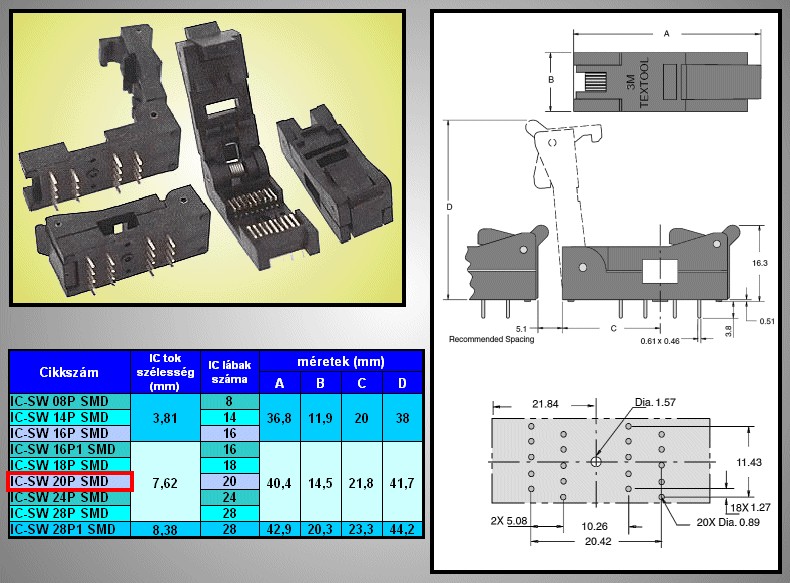 20p. SO20 TEXTOOL IC foglalat IC-SW 20P-SMD