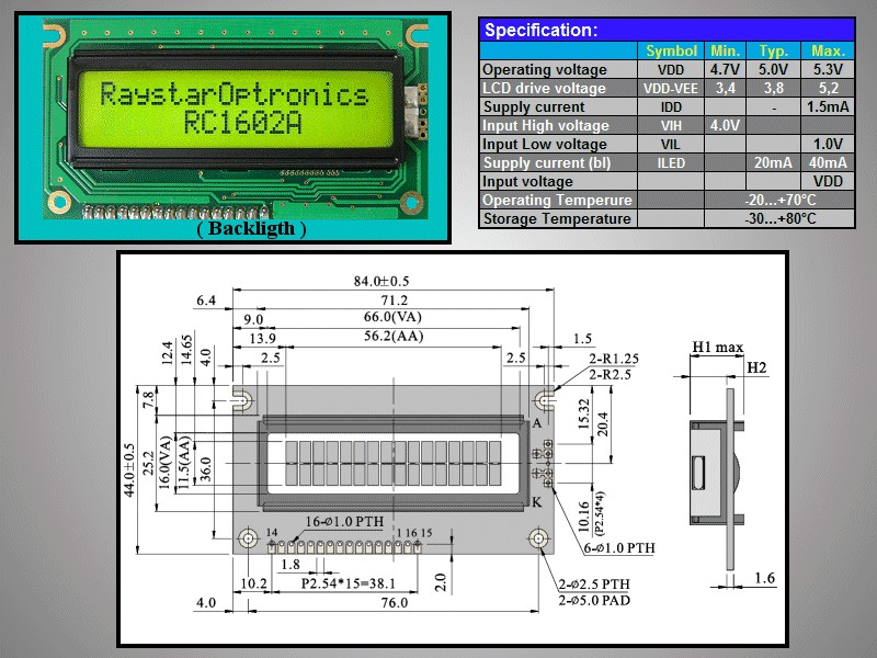 LCD Modul 2x16 karakter 5*7Dots+Cursor RC1602A-YHY-CSX LCD RC1602A-YHY-CSX