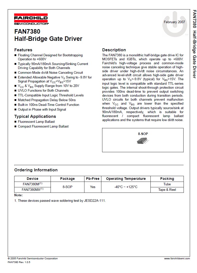 Half-Bridge Gate Driver 600V 0.625W 8p. SMD FAN7380M