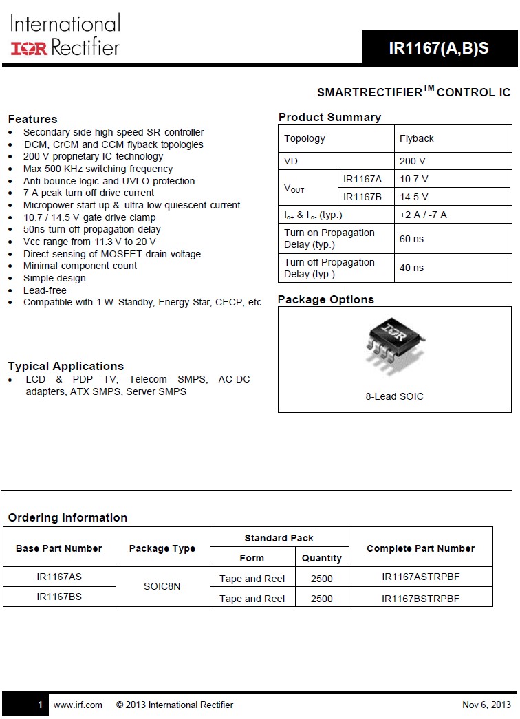 18V 500kHz SMT Smart Rectifier Control 8p SMD IR1167AS