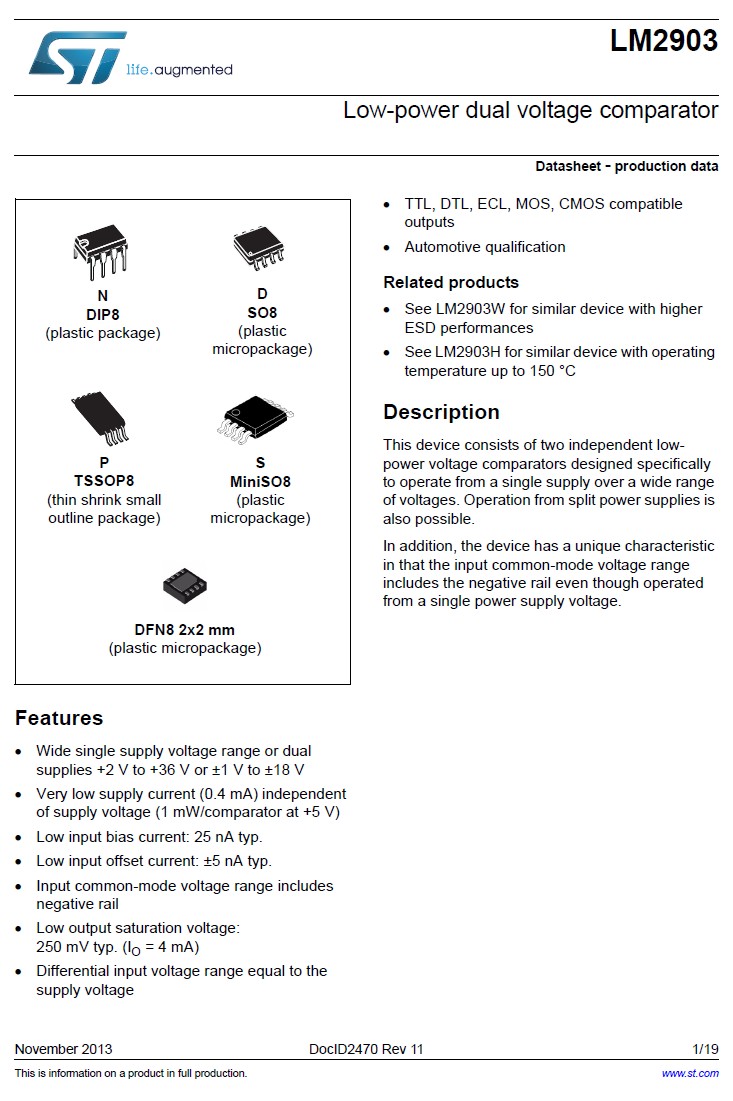 DUAL COMPARATOR 36V(+-18V) 8p. LM2903N