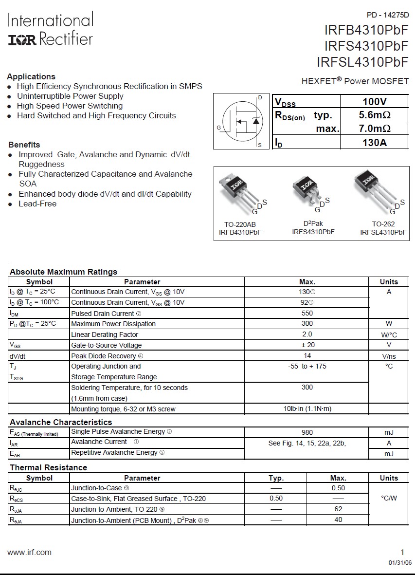 N-MOS 100V 130A/550Ap 300W 0.0056R (92A) IRFB4310