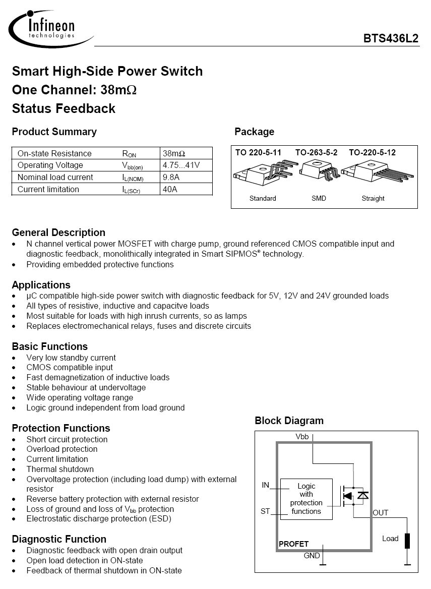 SMART HIGH-SIDE POWER SWITCH 5p. SMD BTS436L2G