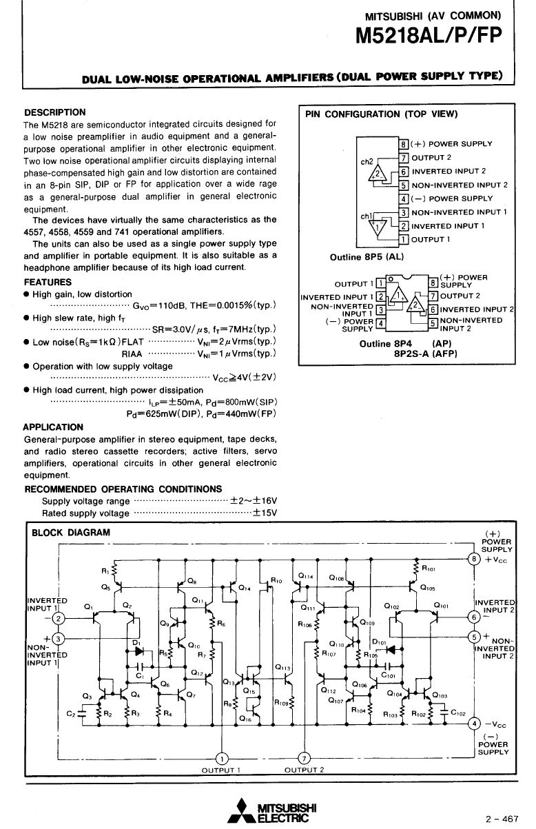 DUAL LOW-NOISE OP-AMP. +-18V 50mA 8p. SIP M5218AL