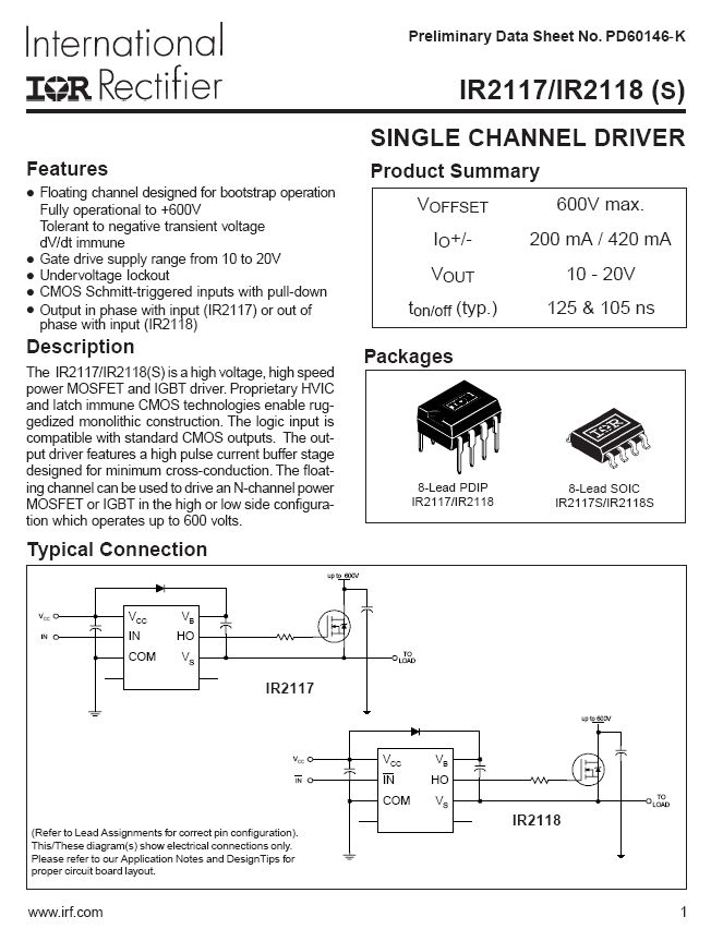 SINGL.CHANEL DRIV.Uoffs600V 8p IR2117