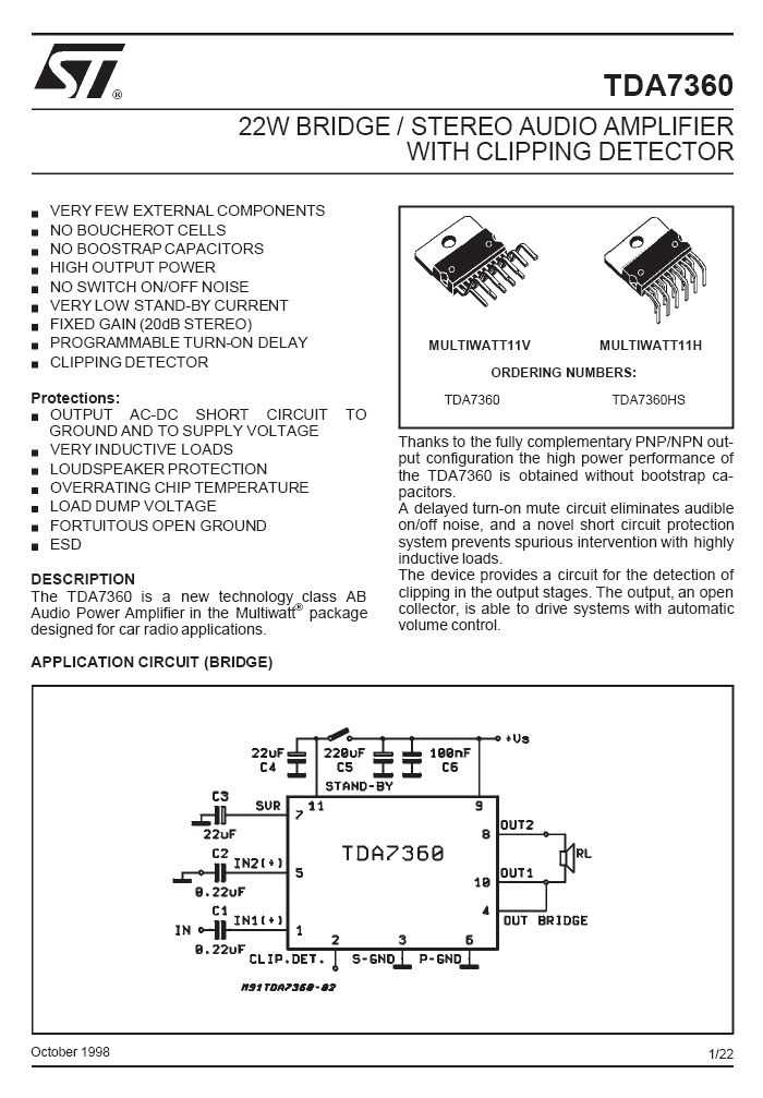 POWER AMP. 28V 4A 2x12W 11p. TDA7360