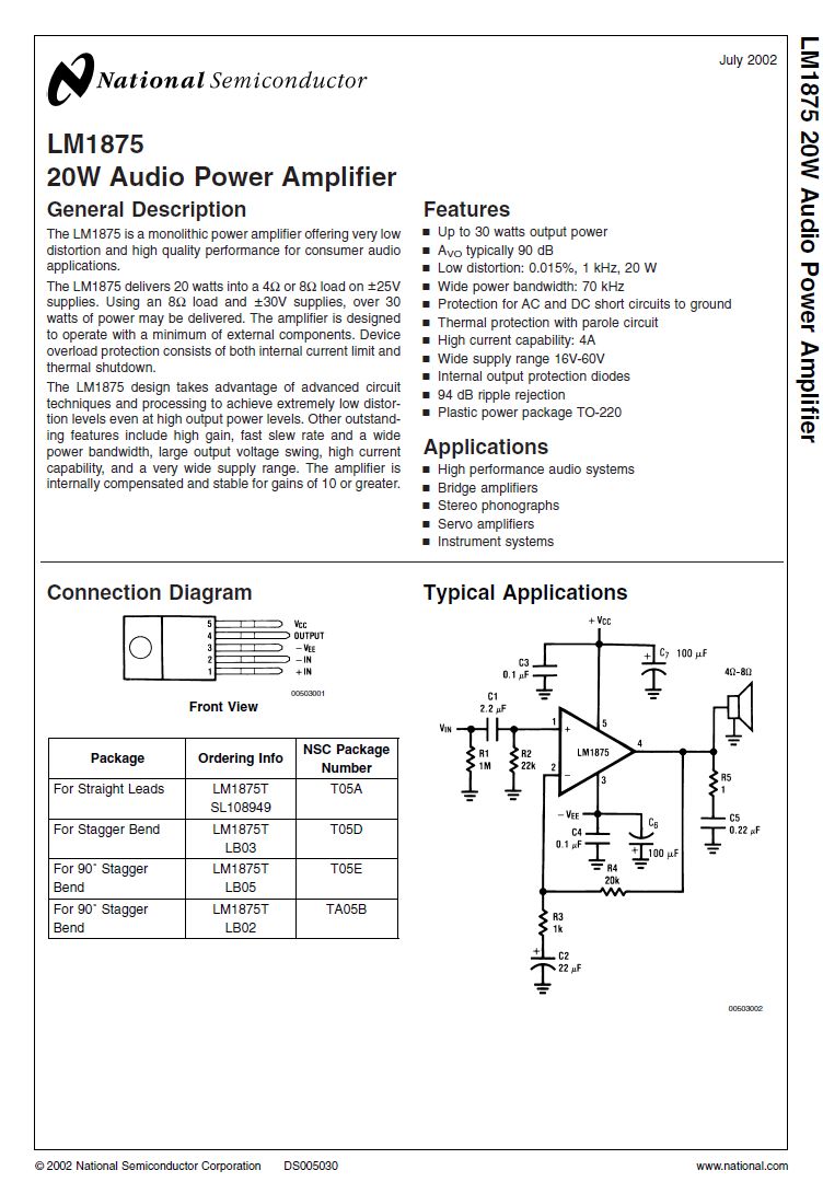 AUDIO POWER AMP 20W ±30V 5p. TO220 LM1875T