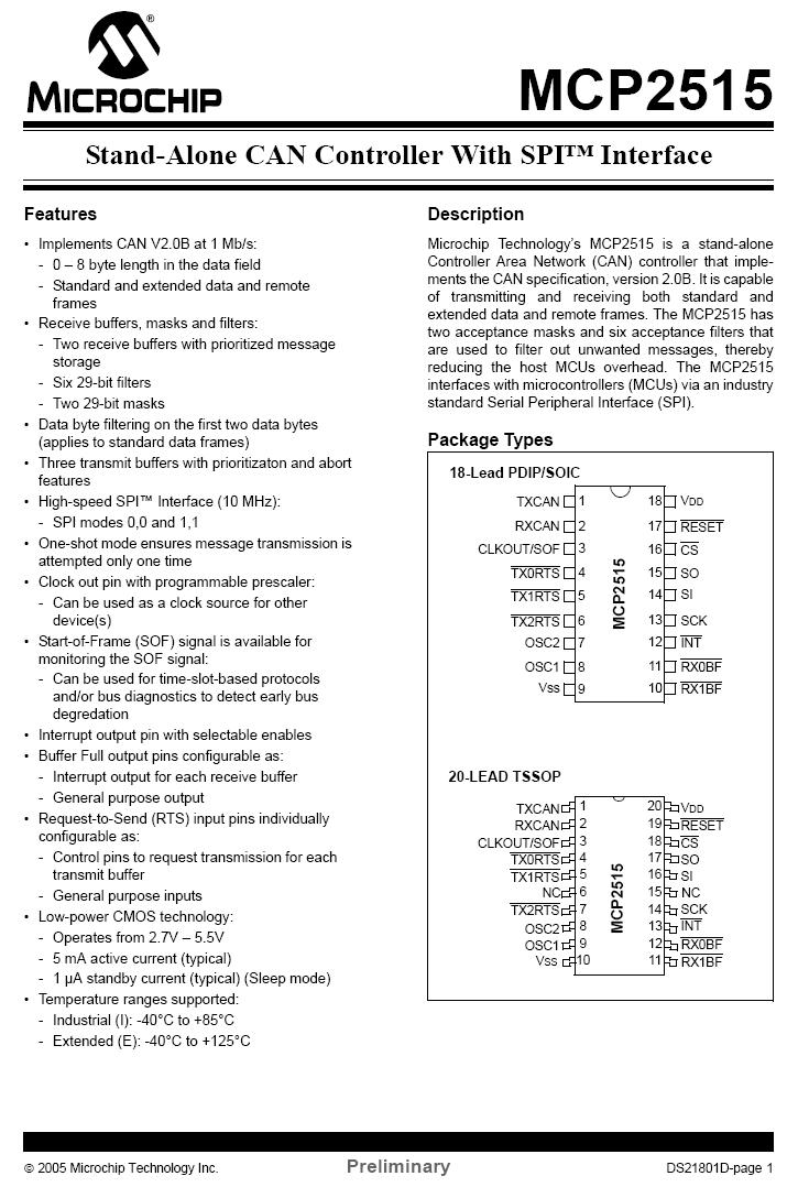 Stand-Alone CAN Controller With SPI Interface 18p. MCP2515-I/P