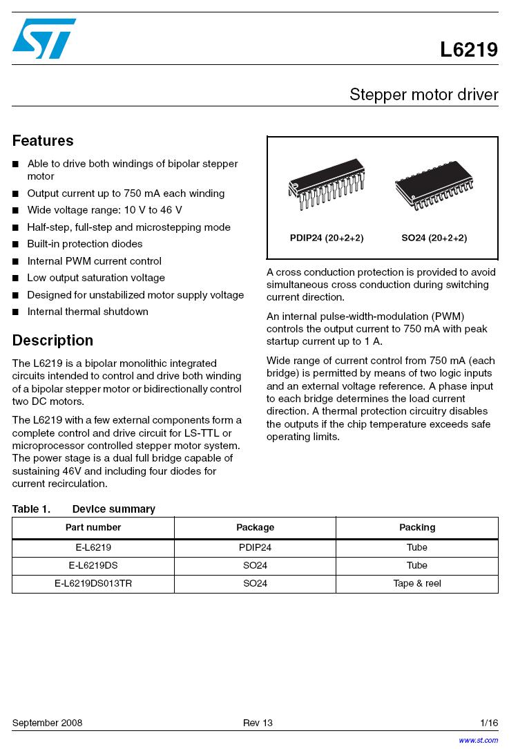 Stepper motor driver 46V 750mA 24p. L6219