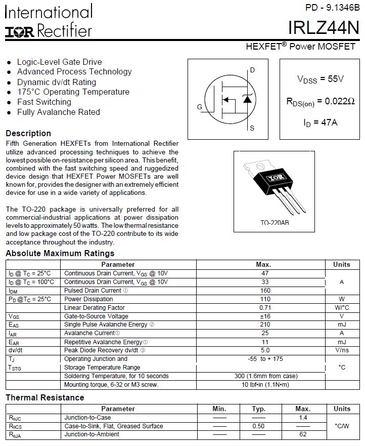 N-MOS 55V 47A/160Ap 110W 0.022R (33A) IRLZ44N