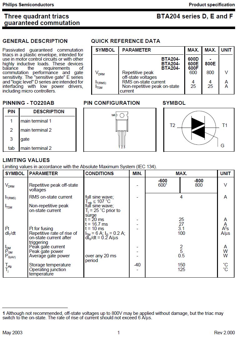 TRIAC 800V 4A/25Ap. Igt/Ih