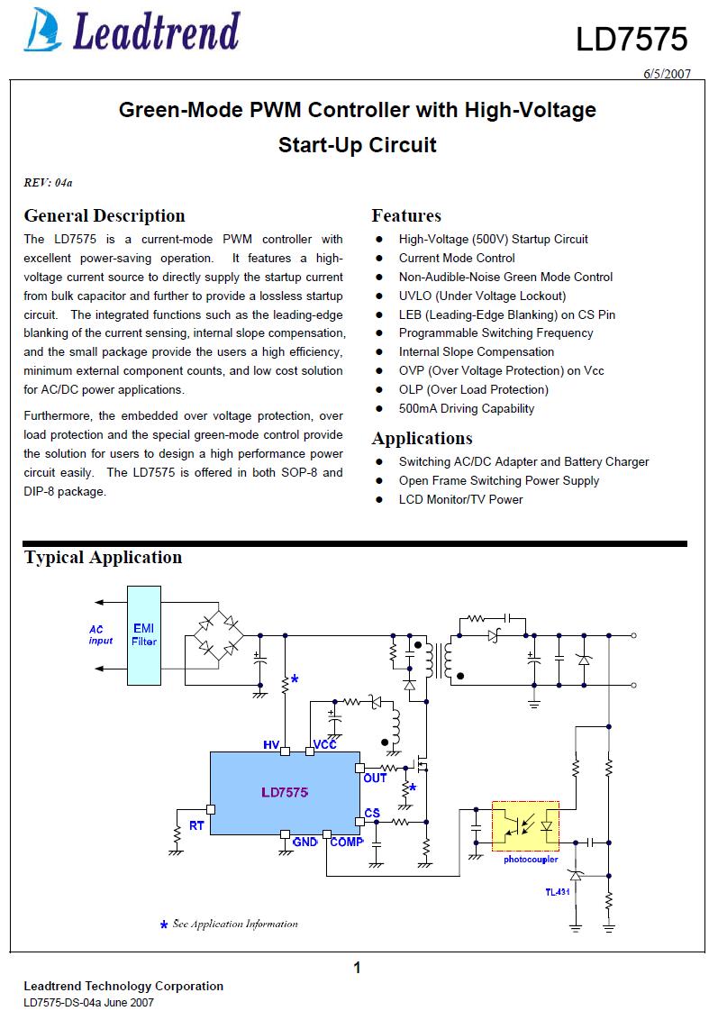 PWM Controller Green-Mode 65KHz 8p. DIP LD7575PN