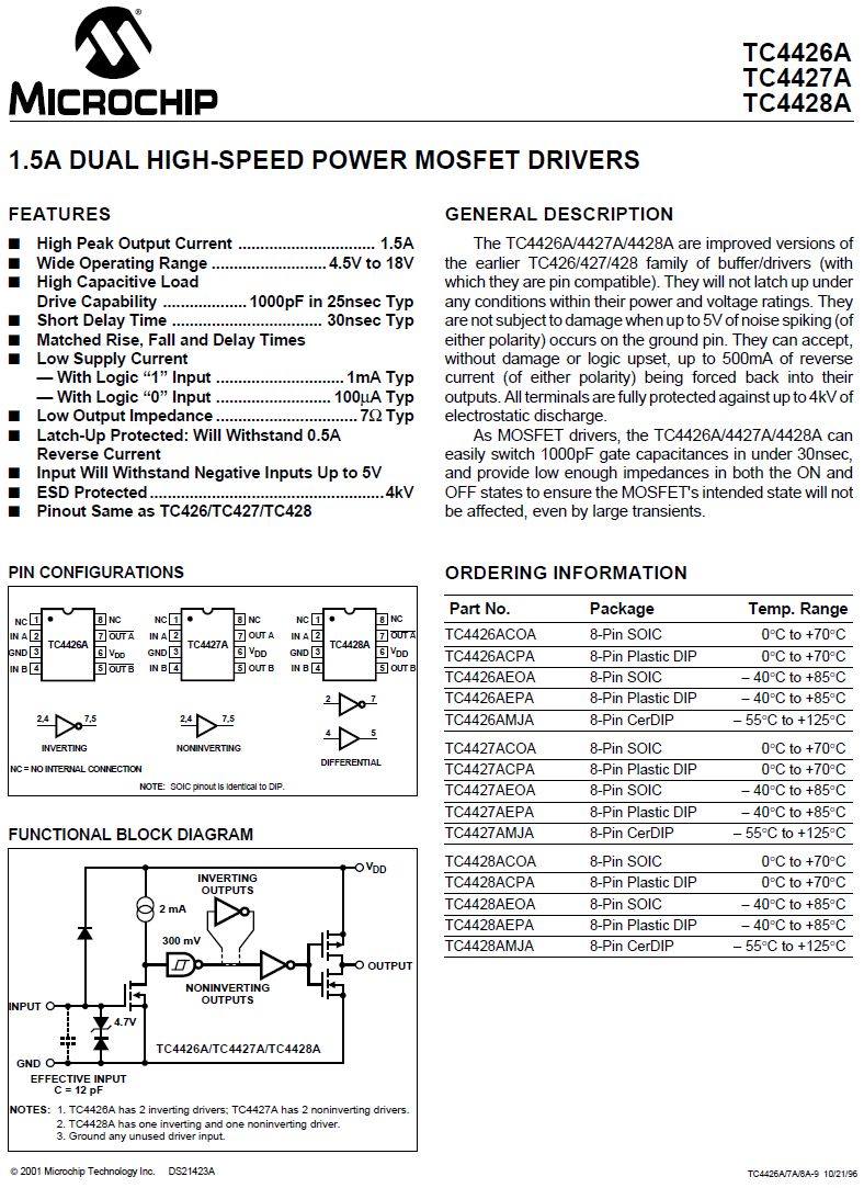 DUAL POWER MOSFET DRIV.1.5A 8p DIP TC4427AEPA