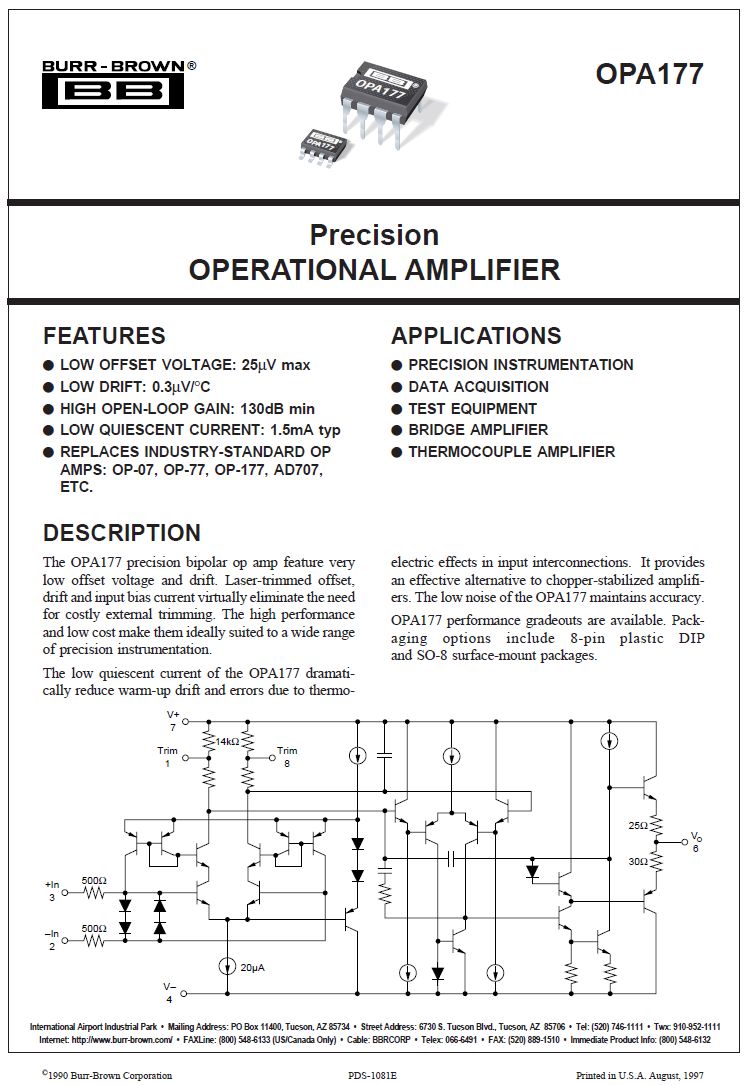 Precision Operational Amplifier ±22V 8p. DIP OPA177GP