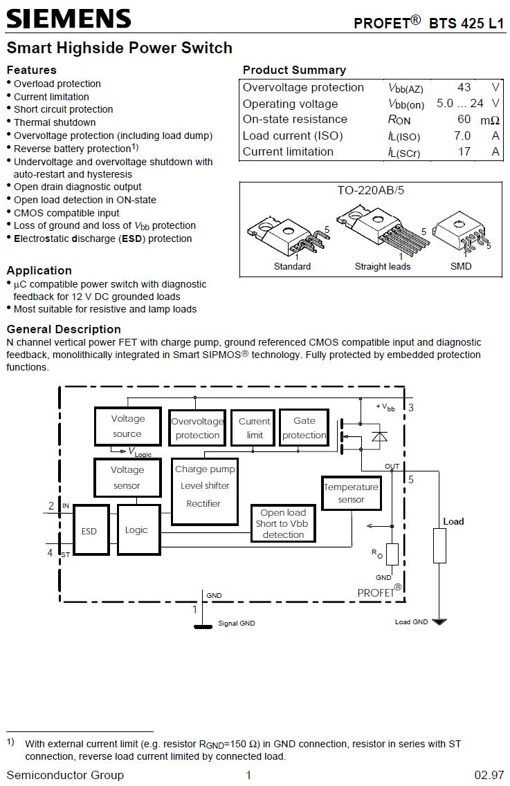 SMART HIGH-SIDE POWER SWITCH 5p. BTS425L1