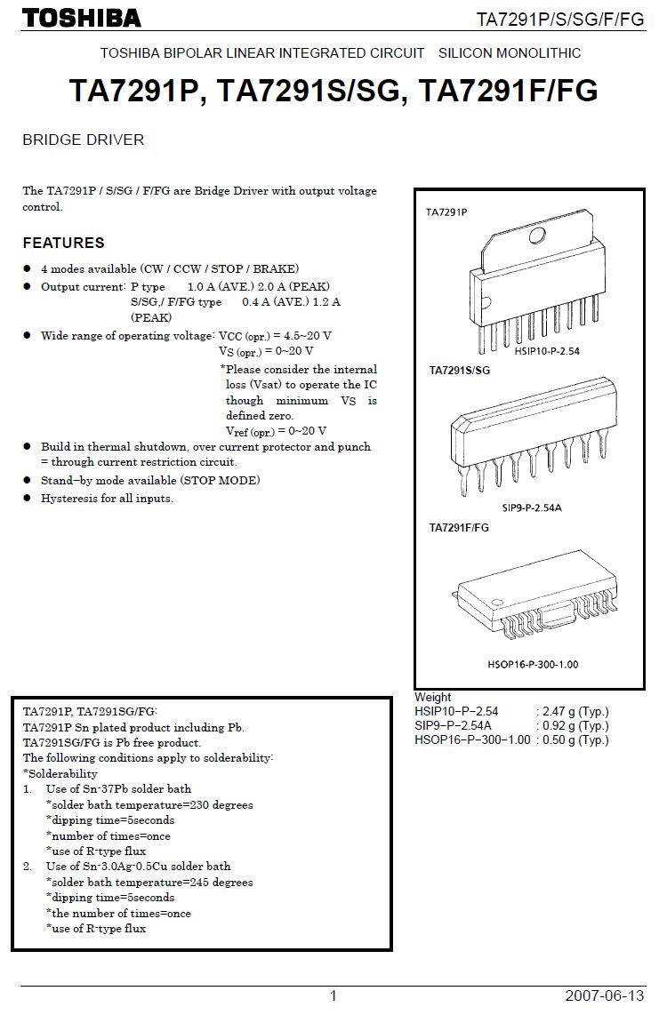 DC MOTOR CONTR.4.5-18V 0.5A 9p TA7291S