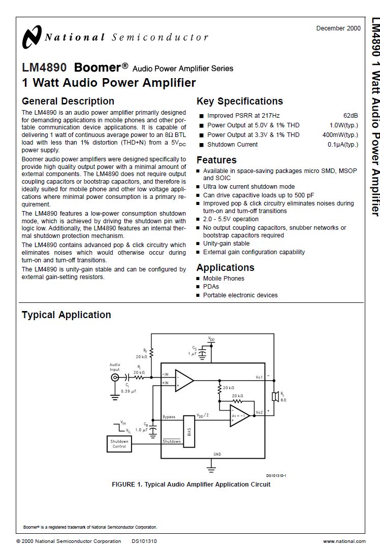 AUDIO POWER AMP. 6V 1W 8p. LM4890M