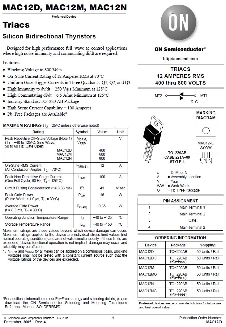 TRIAC 800V 12A/100Ap. Igt/Ih