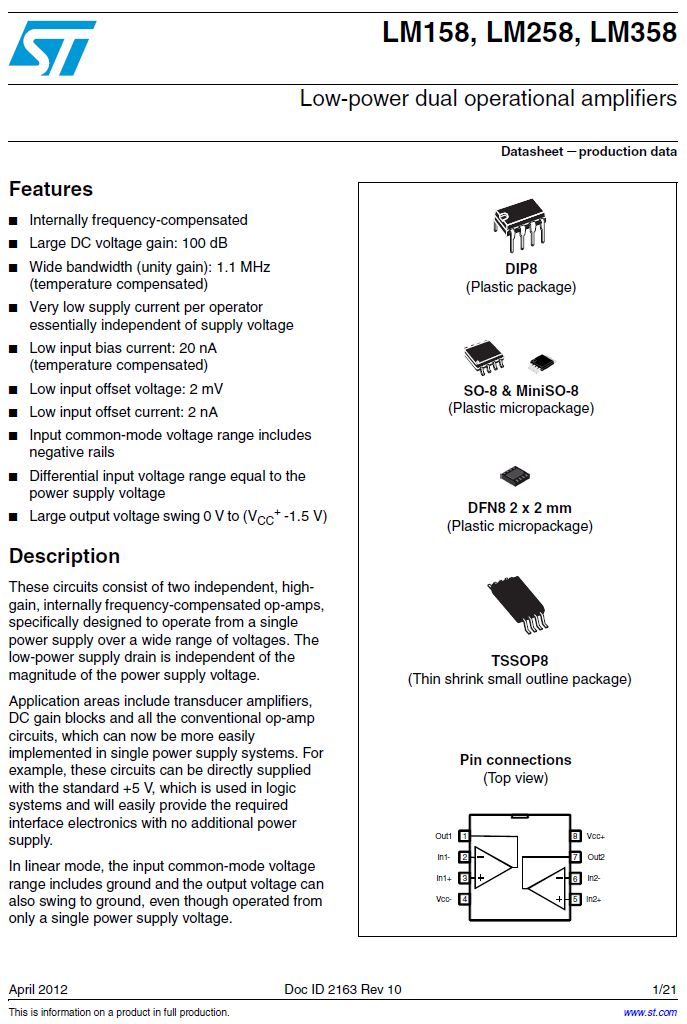 DUAL OP-AMP.1MHz PREC. 8p. LM358N