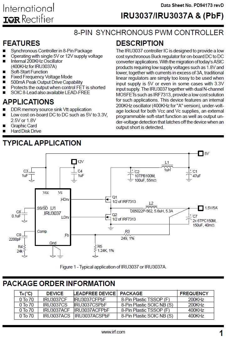 Synchronous PWM Controller 200KHz. 8p. SMD IRU3037CS